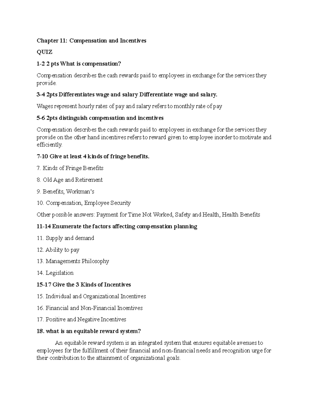 Chapter 10 Quiz Compensation and Incentives - Chapter 11: Compensation ...