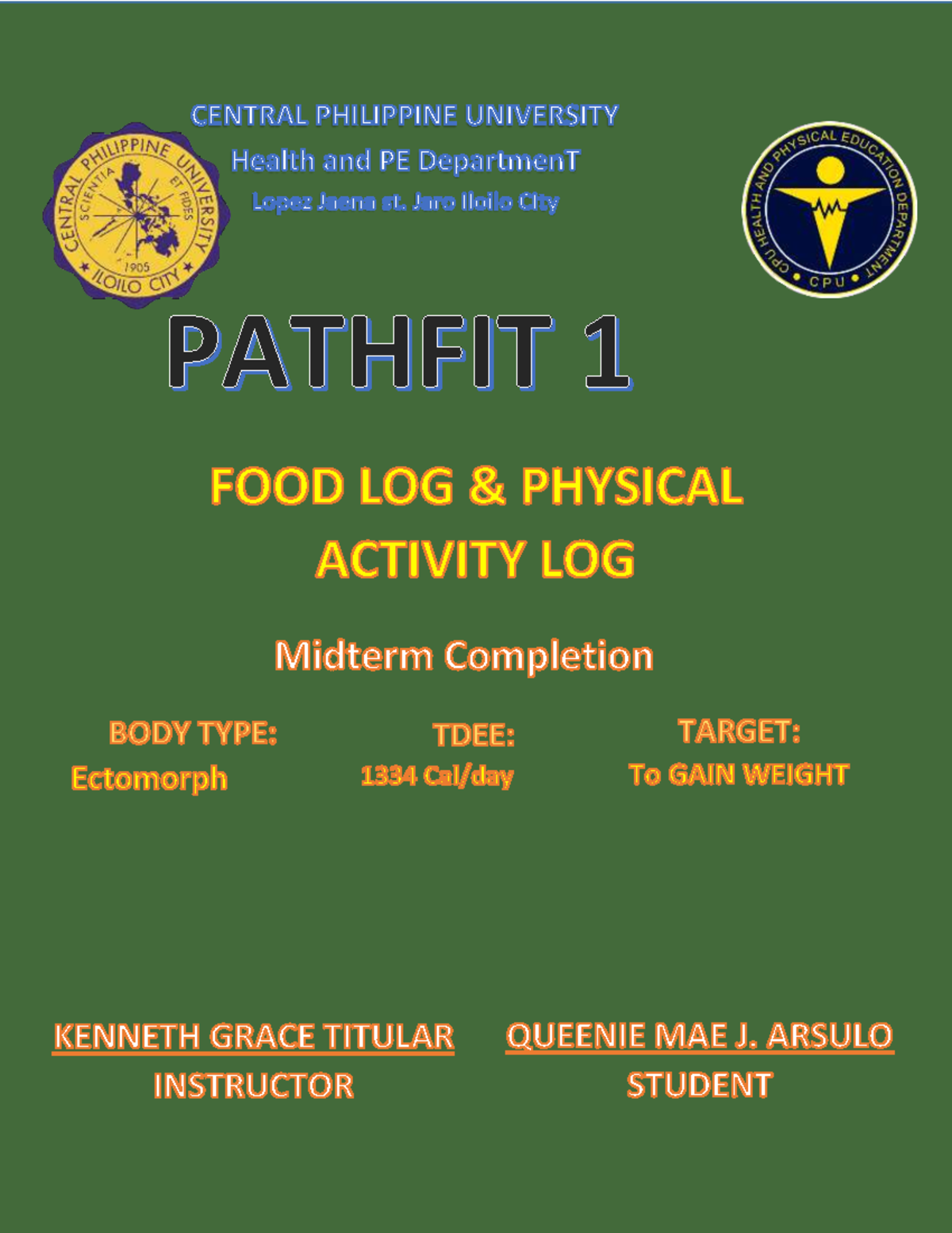 Food Log and PA Log ( Arsulo) - Food Calories Act. BPM Classif. Evidences: Evidences: Reflection ...