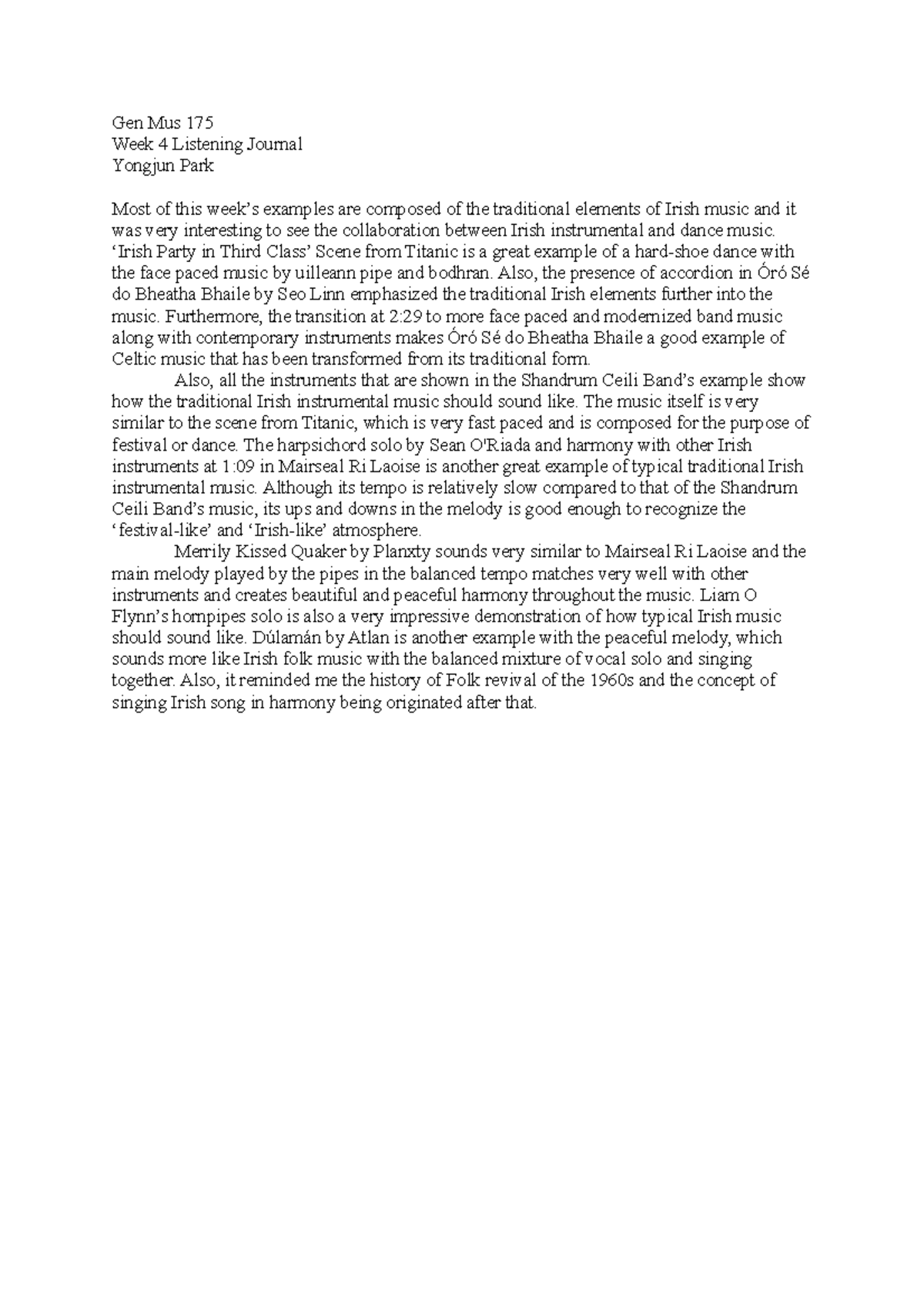 Week 4 Listening Journal - Gen Mus 175 Week 4 Listening Journal Yongjun ...