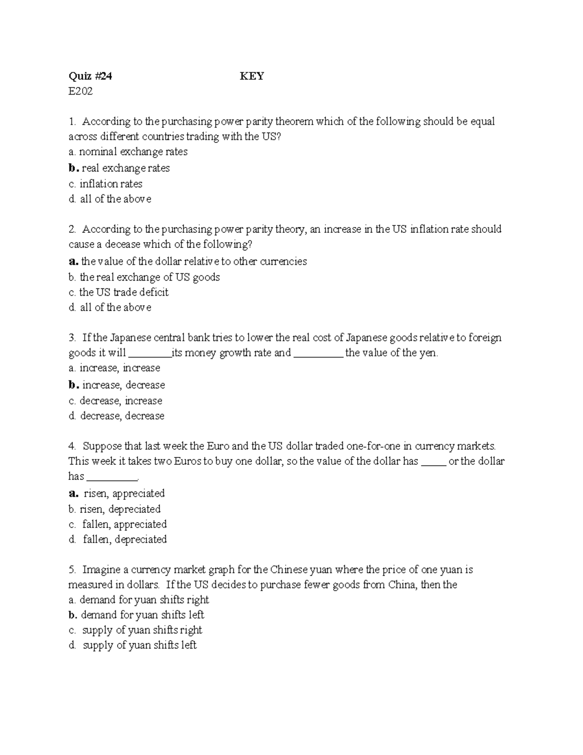 Quiz #24-(1) Key - Quiz and Answer solutions, stays the same so easy ...
