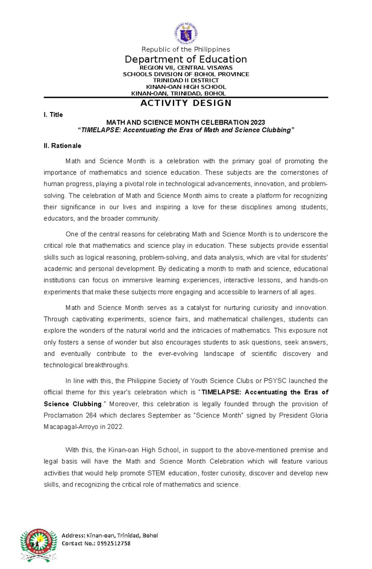 Math-sci activity design - Department of Education REGION VII, CENTRAL ...