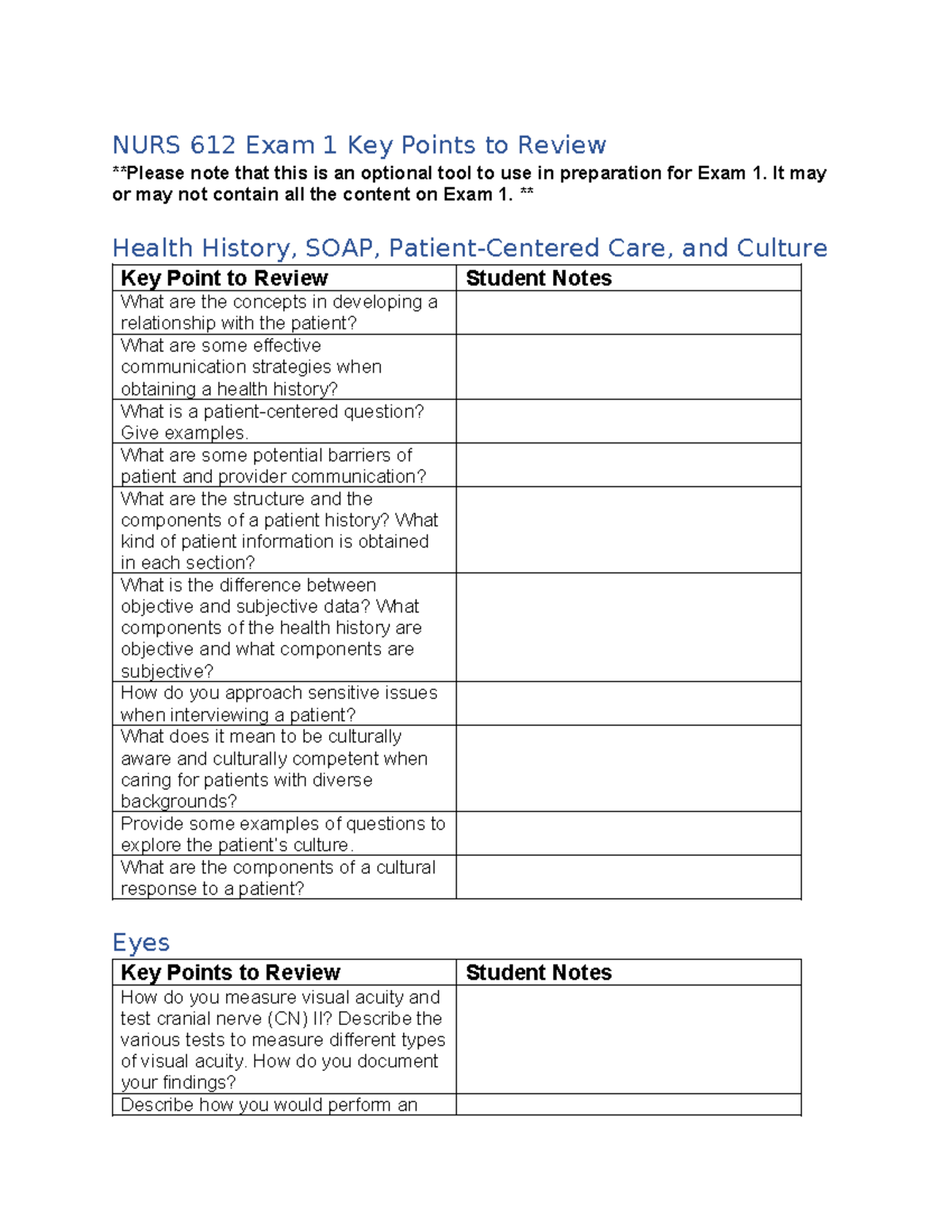 MVU NURS612 Exam1 Key Points D 2022 - NURS 612 Exam 1 Key Points to Review **Please note that ...