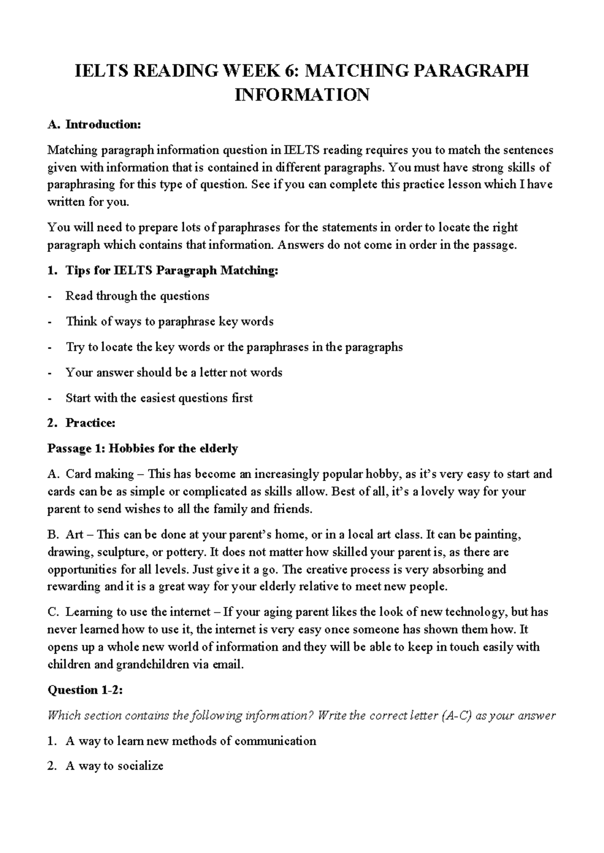 Ielts Reading WEEK 6 - IELTS READING WEEK 6: MATCHING PARAGRAPH ...