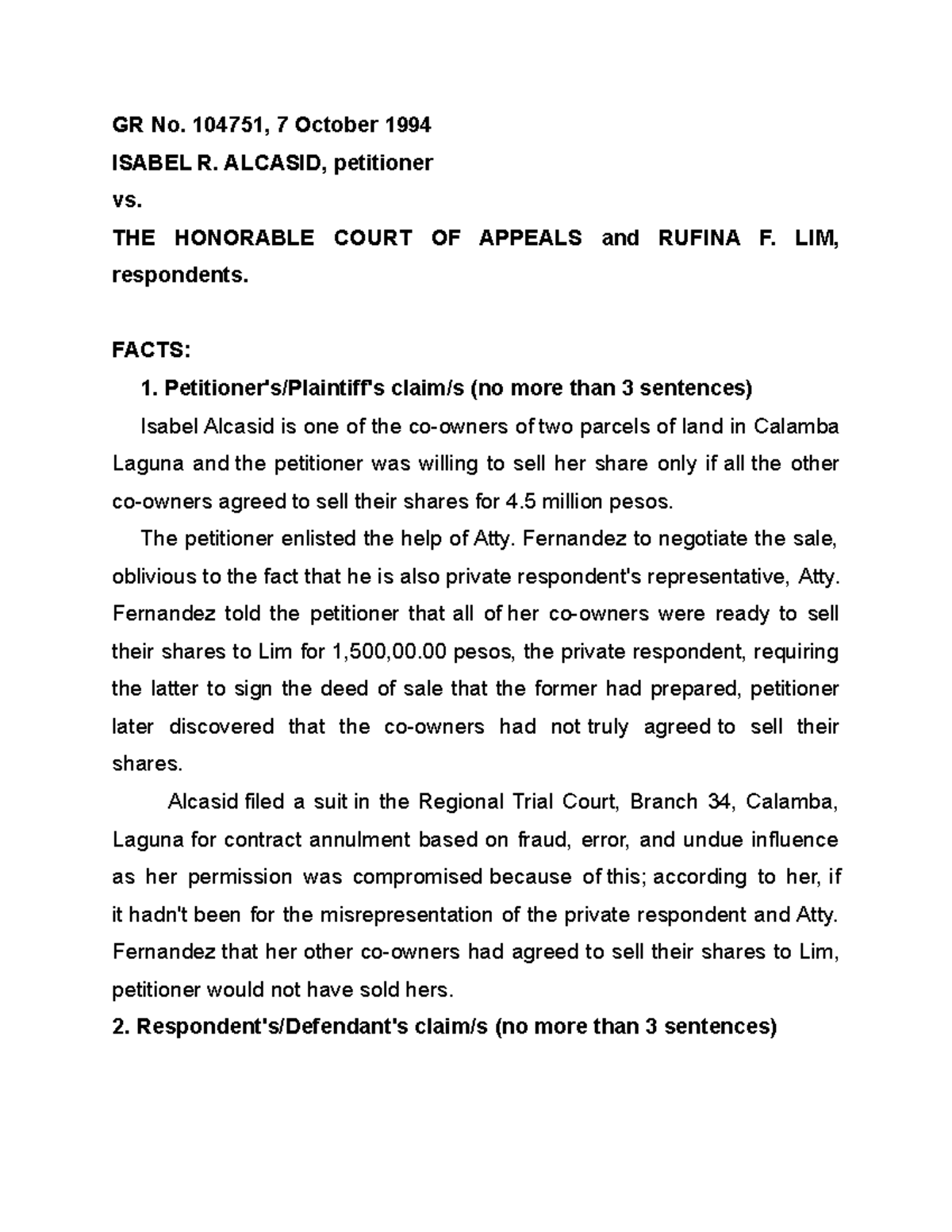 Alcasid vs. Court of Appeals G.R. No. No. 104751 October 7, 1994 - Law on Obligations ...