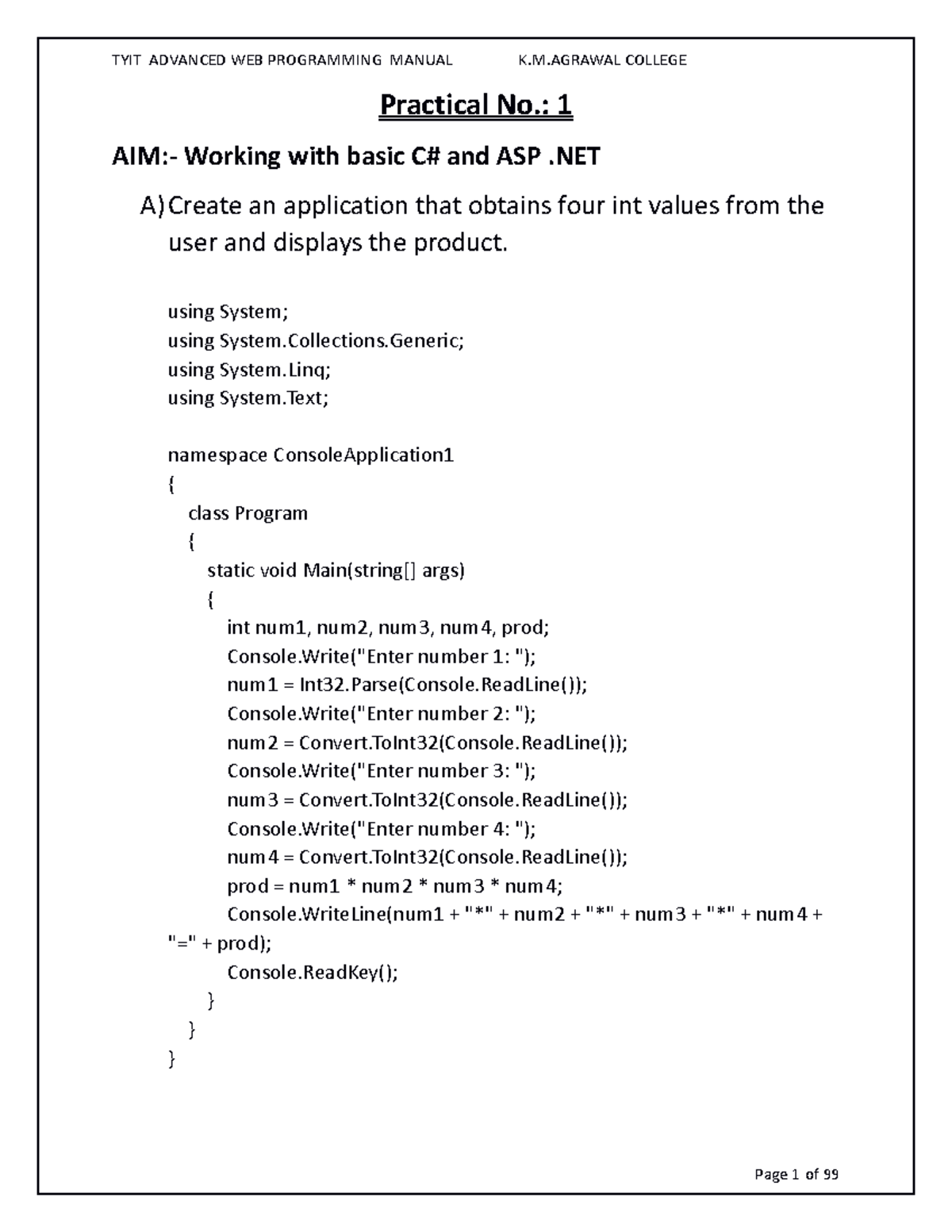 Awp-practical - Fhdhf. Uchnji - Practical No.: 1 AIM:- Working with basic C# and ASP .NET A ...
