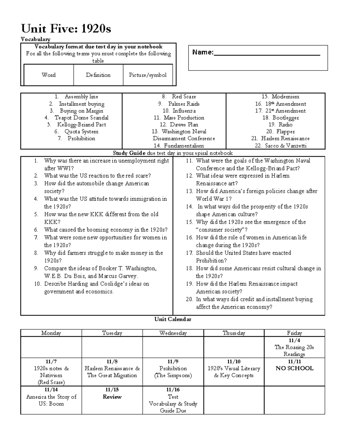 Unit 5 Cover Page-1 - nice - Unit Five: 1920s Vocabulary Vocabulary ...