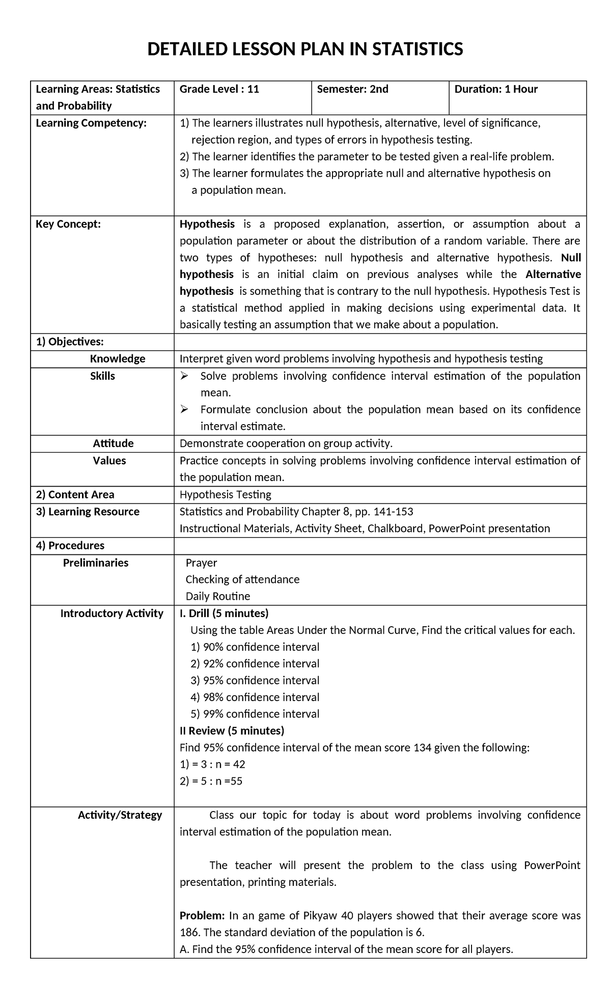 DLP KO FOR DEMO - DETAILED LESSON PLAN IN STATISTICS Learning Areas ...