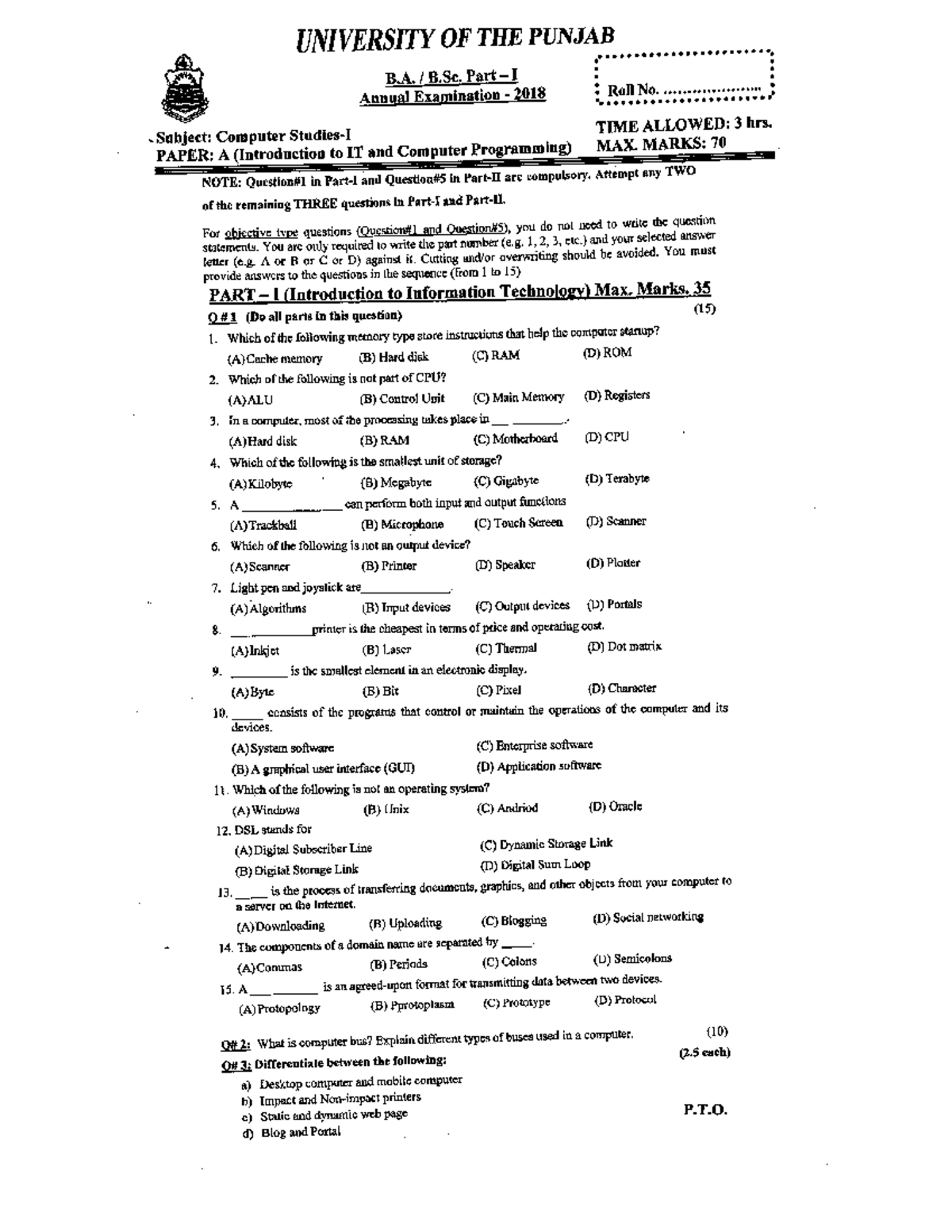 Computer Studies PI 18, Past Papers Punjab University - Term Paper ...