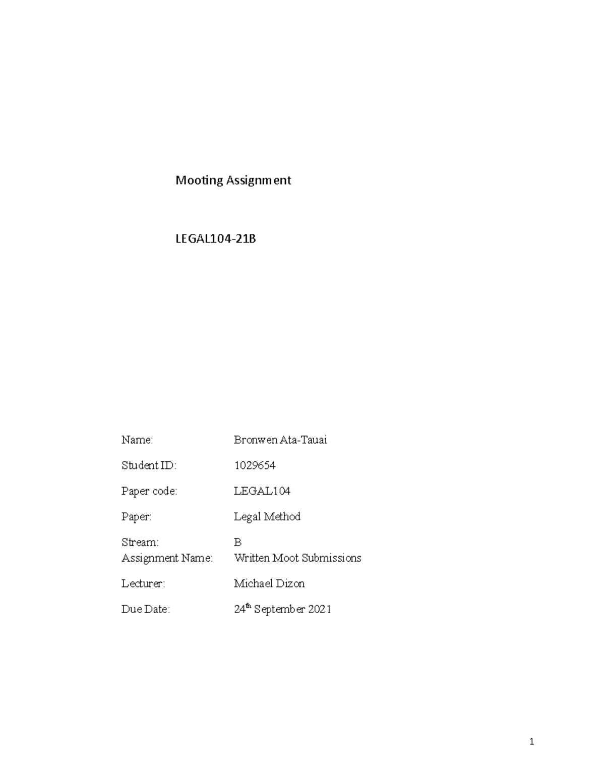 Practice Moot Written Submissions for Legal 104 - Legal Method- Legal ...