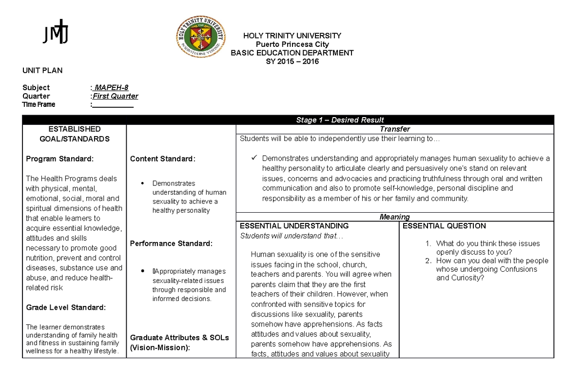 Unit Plan (Health) Grade 8 - HOLY TRINITY UNIVERSITY Puerto Princesa ...