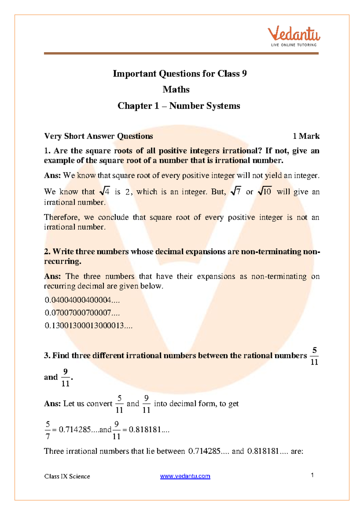 CBSE Class 9 Maths Chapter 1 - Number System Important Questions 2024 ...