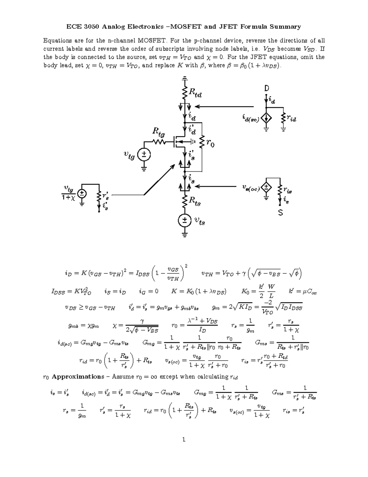 Summary - Analog electronics —mosfet and jfet formula - ECE 3050 Analog Electronics and JFET ...
