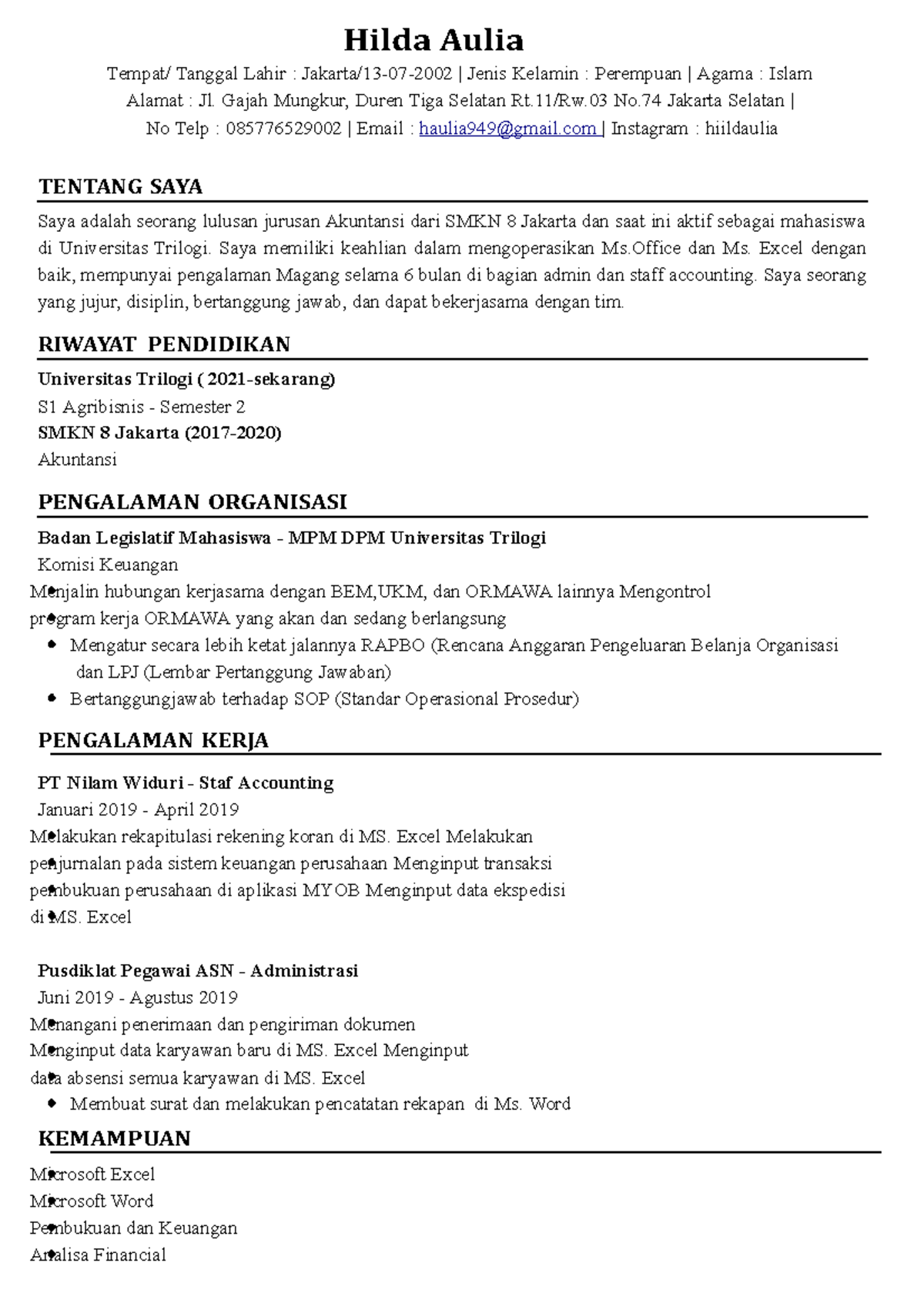 Purple Professional Minimal Modern Resume CV - Hilda Aulia Tempat ...