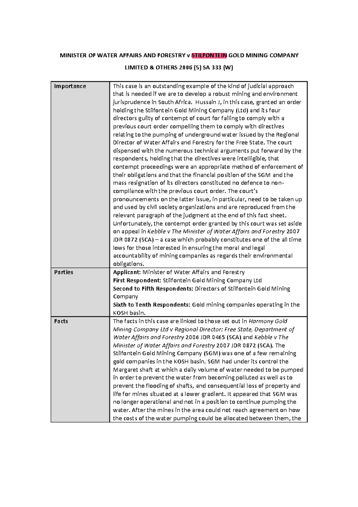 Minister of Water Affairs v Stilfontein Gold Mining Company - MINISTER ...