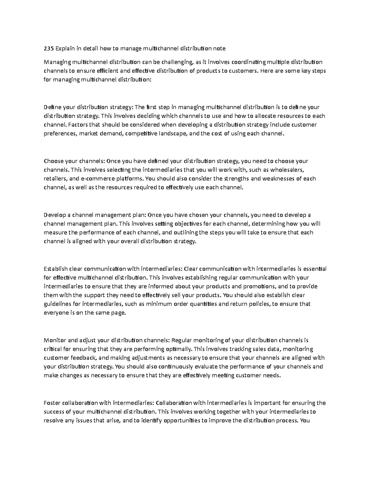 235 Explain in detail how to manage multichannel distribution note ...
