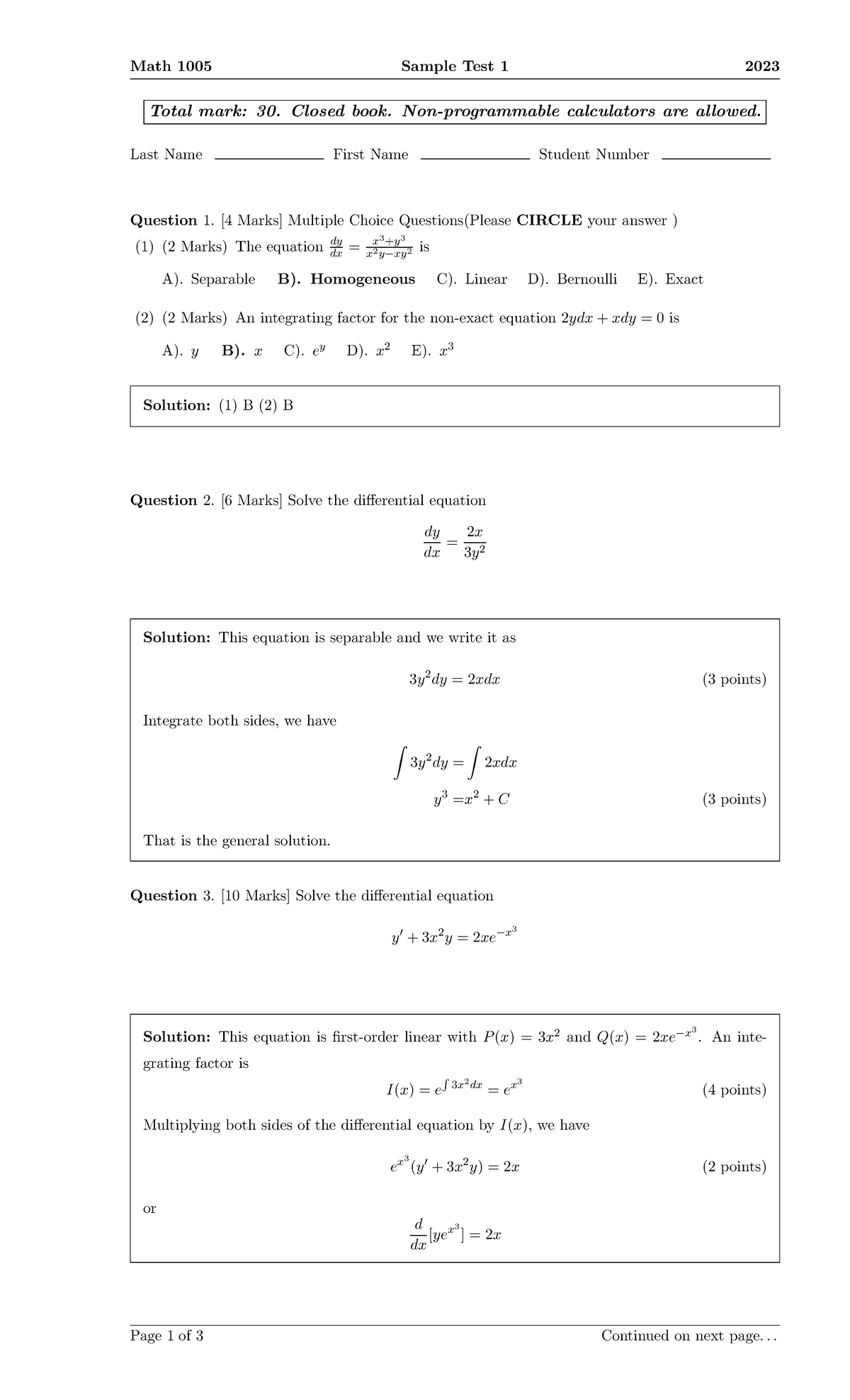 Sample Test 1 solutions - Math 1005 Sample Test 1 2023 Total mark: 30 ...