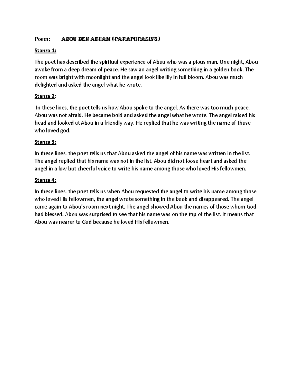 Paraphrasing Poem Abou Ben Adham - Poem: Abou ben Adham (Paraphrasing ...