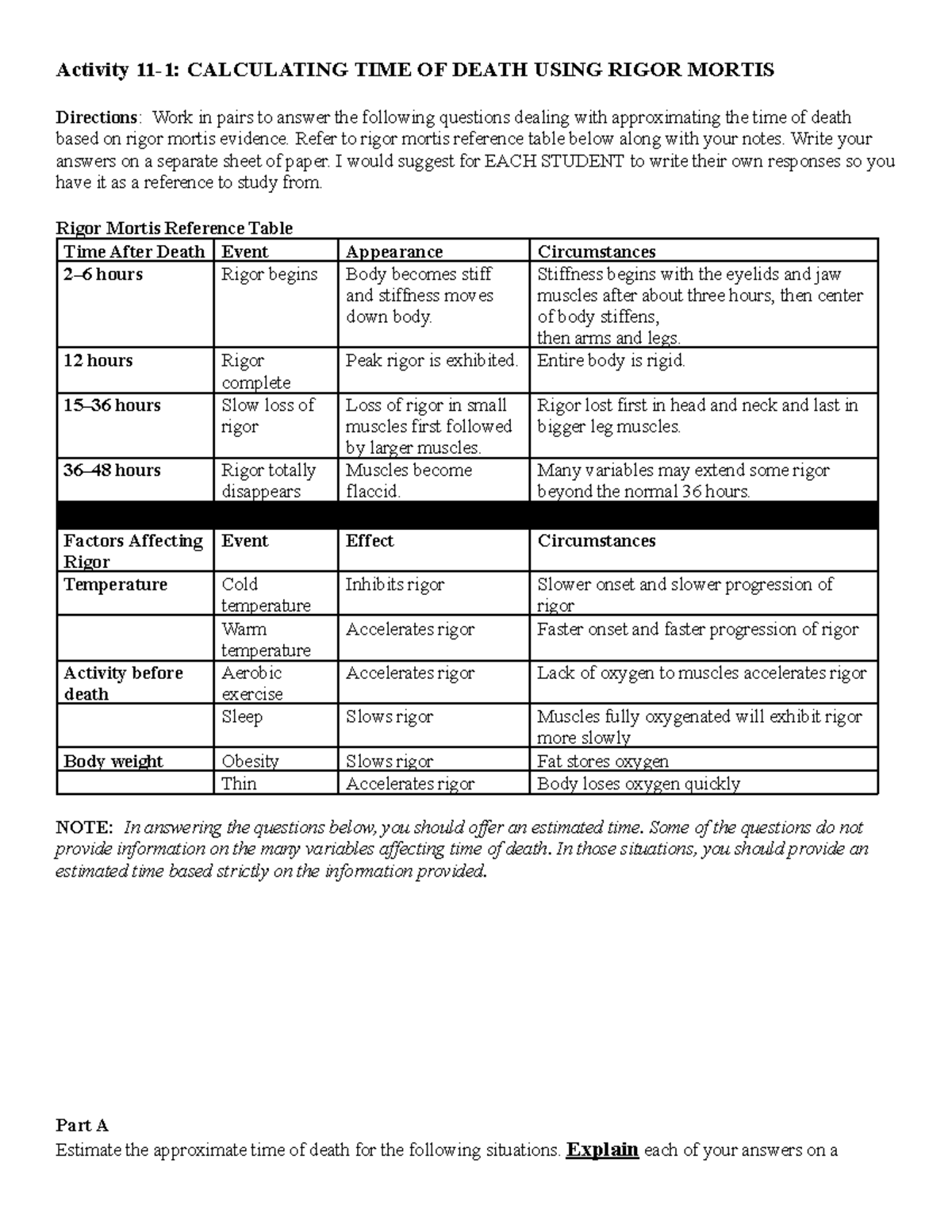 11-1 Lab Activity Rigor Mortis - Activity 11-1: CALCULATING TIME OF ...