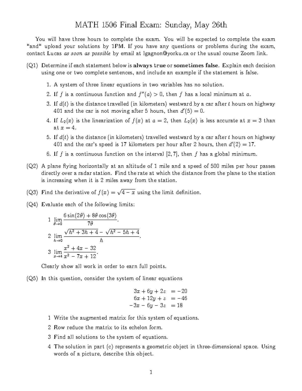 Final Exam Questions Shortform - MATH 1506 Final Exam: Sunday, May 26th ...