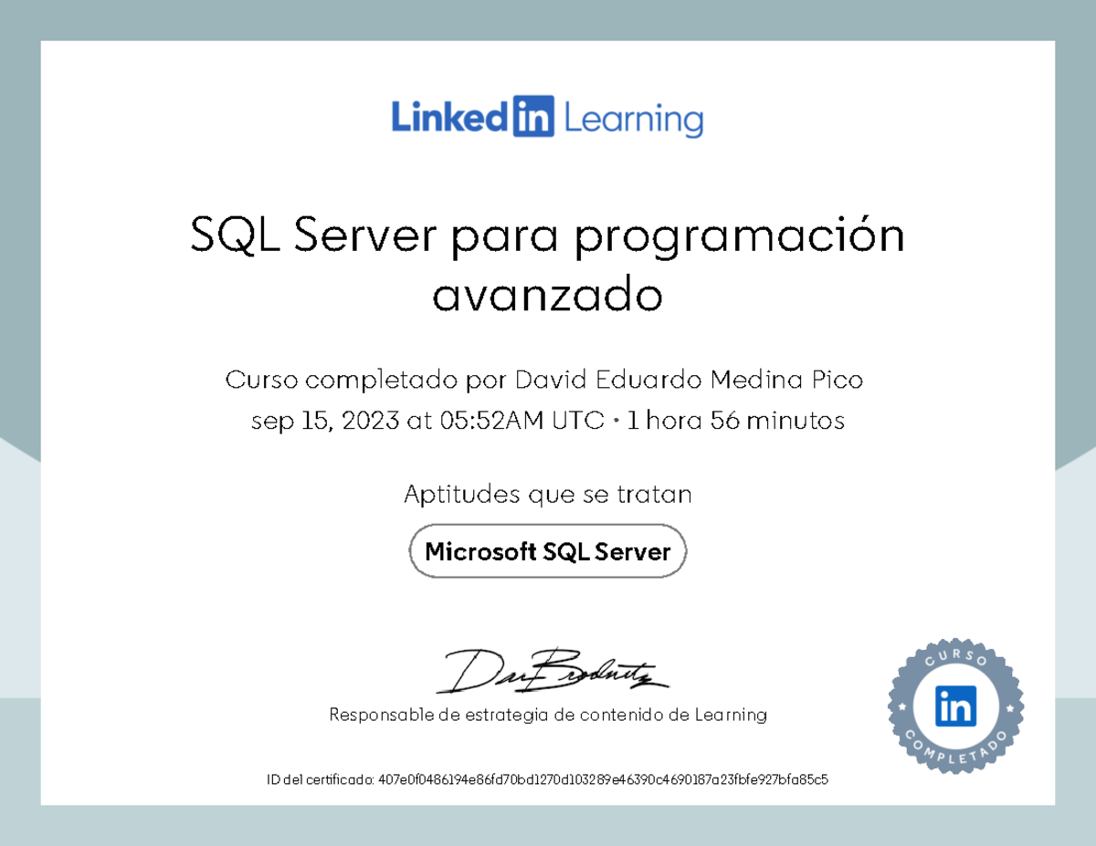 Certificado De Finalizacion SQL Server para programacion avanzado - SQL ...