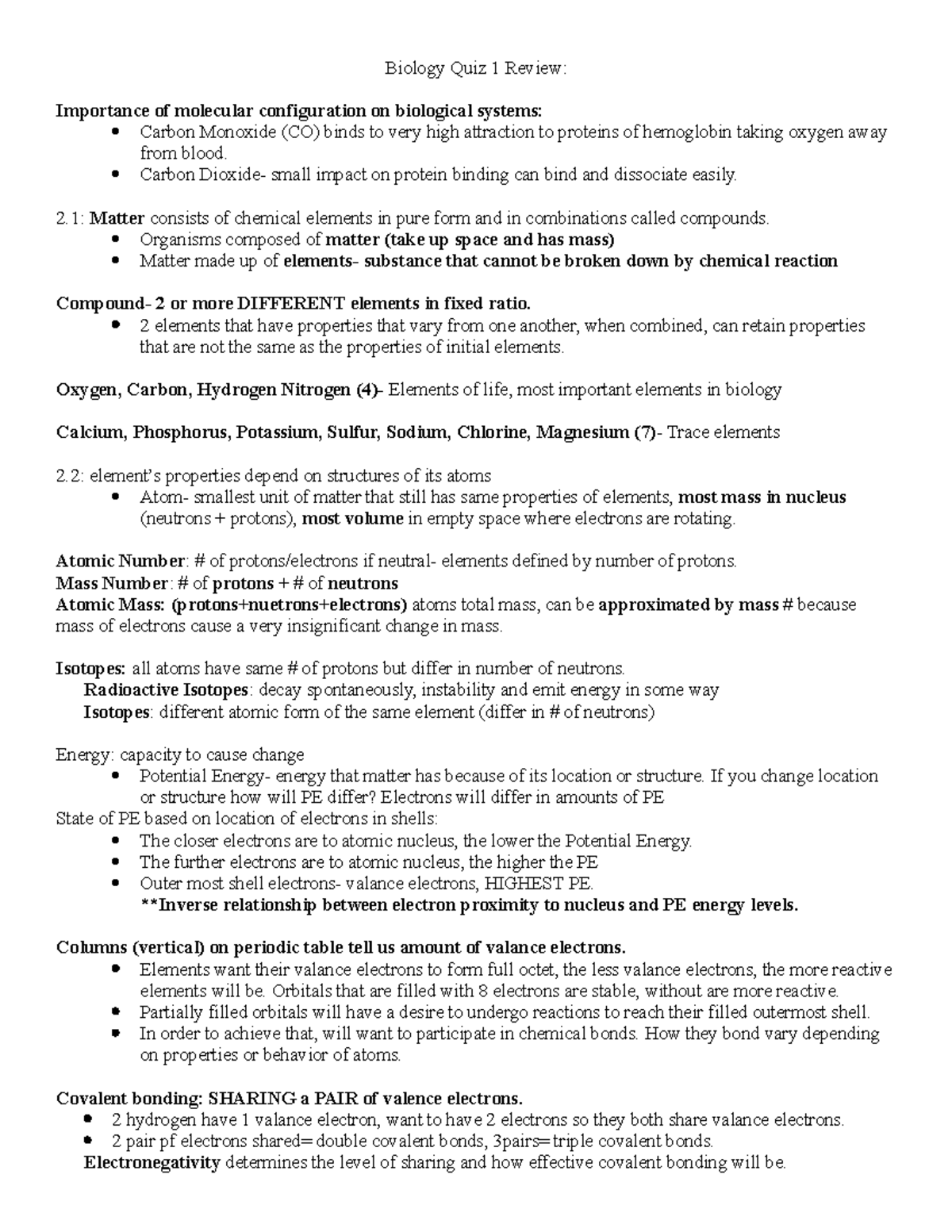 Biology Quiz 1 Review - Lecture notes 1-3 - Biology Quiz 1 Review ...