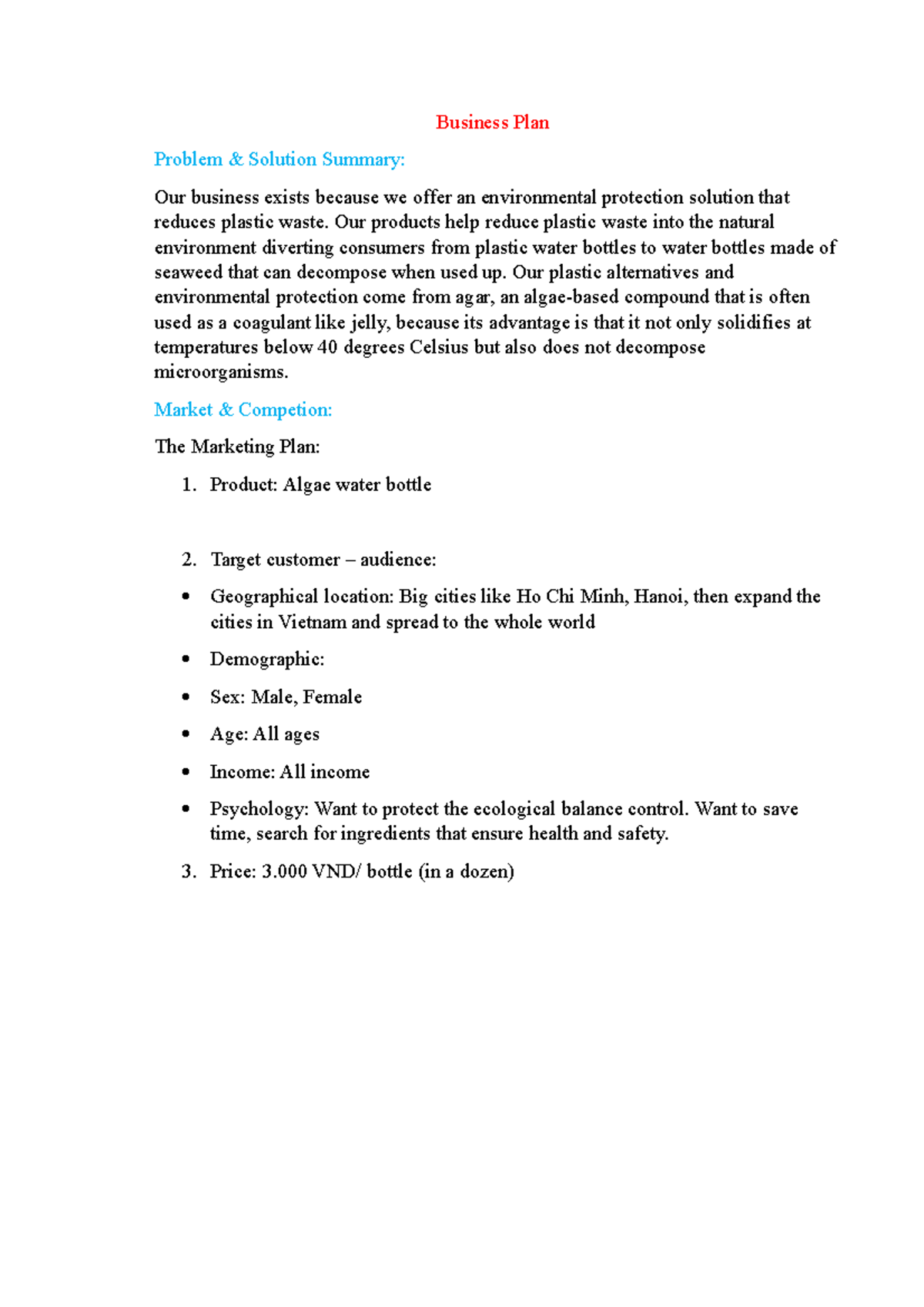 Business Plan - Thực hành - Business Plan Problem & Solution Summary ...