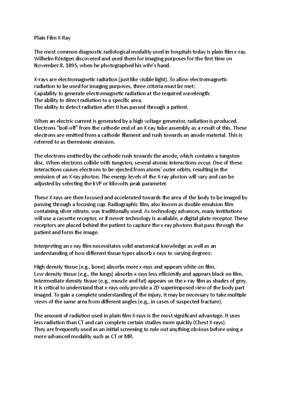 Plain Film X Notes From Biomedical Science Plain Film X Ray The