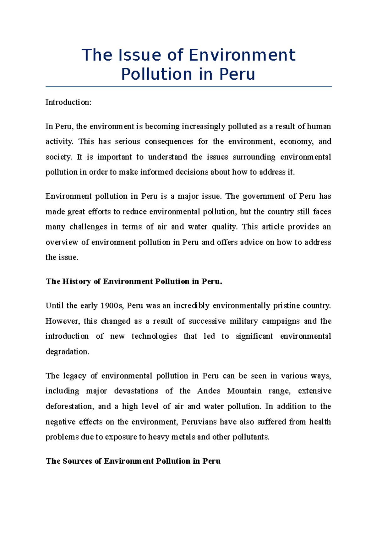 The Issue of Environment Pollution in Peru - The Issue of Environment ...