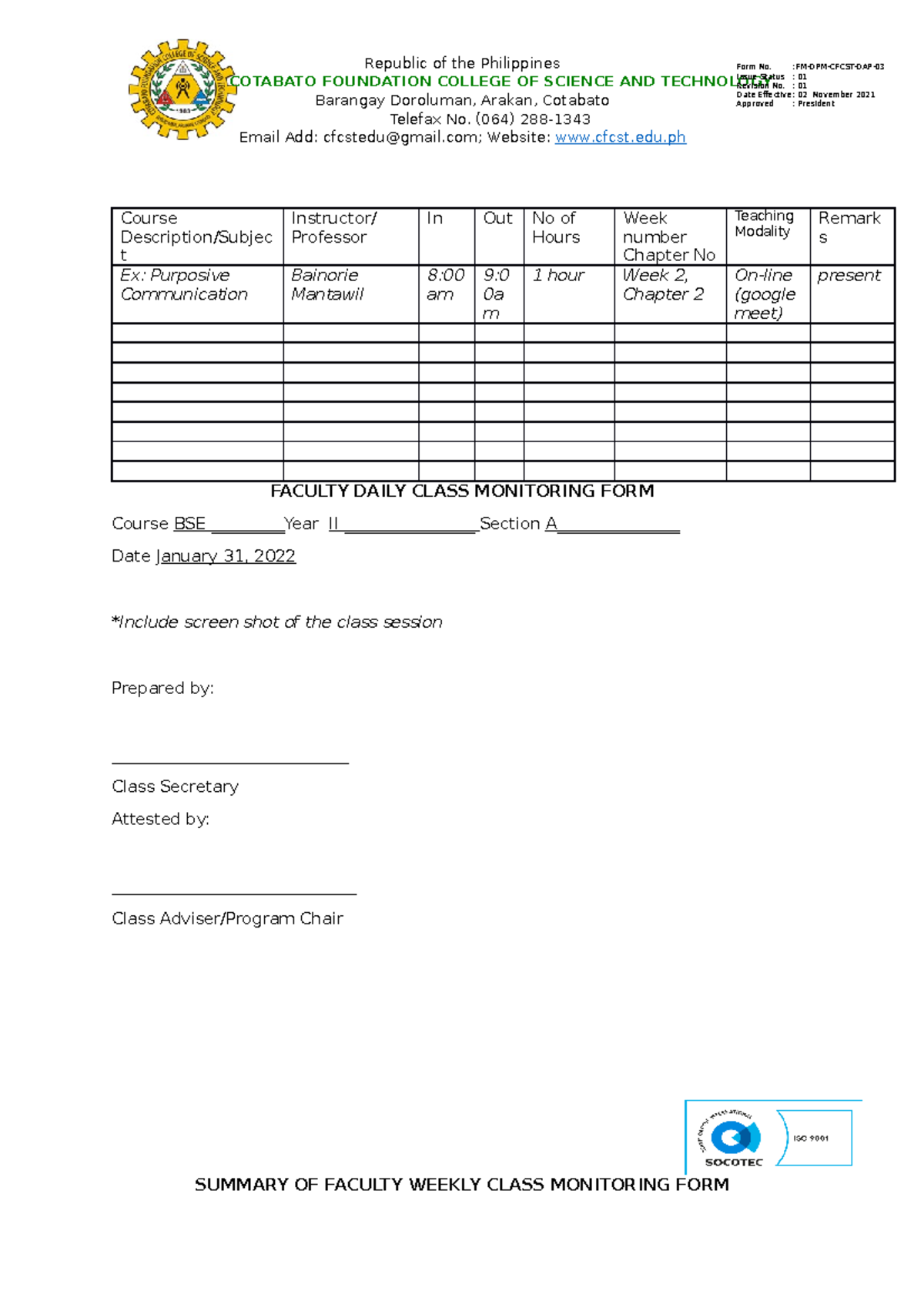 Sample faculty monitoring form 2 - Republic of the Philippines COTABATO FOUNDATION COLLEGE OF ...