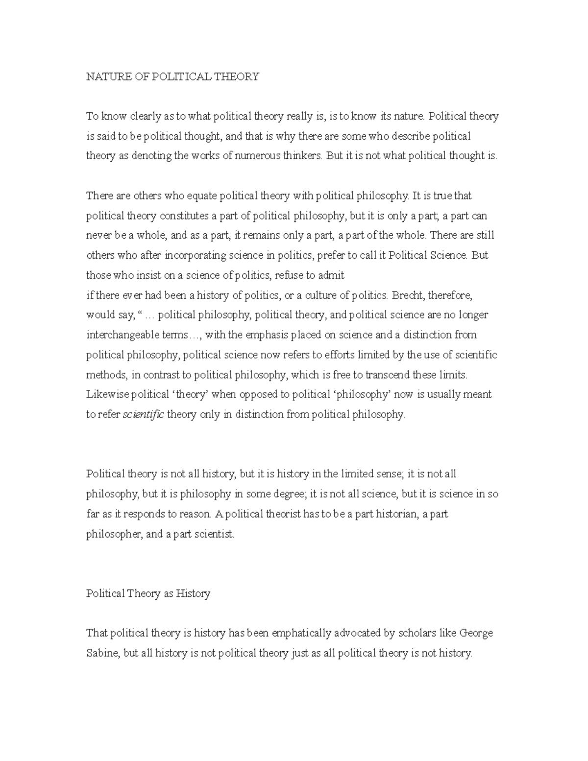 Political Theory-II - NATURE OF POLITICAL THEORY To know clearly as to ...