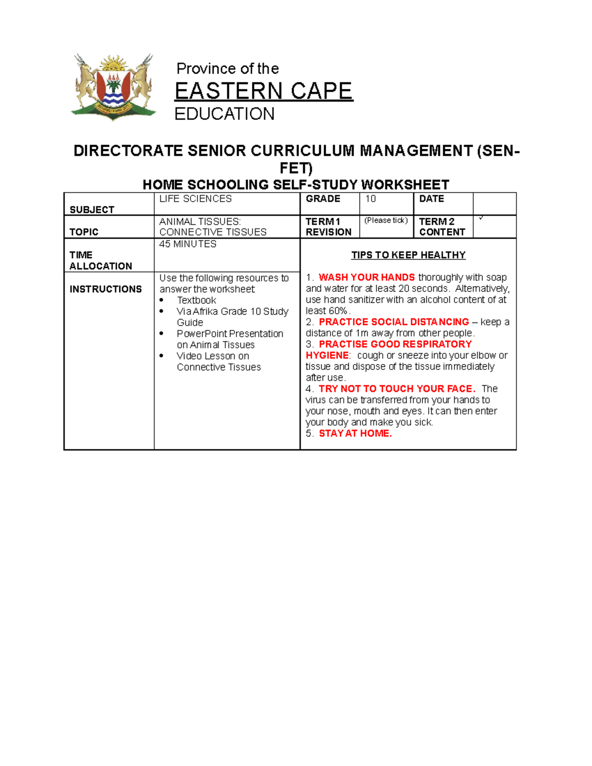 00 Life Sciences Grade 10 Worksheet Connective Tissue - Province of the ...