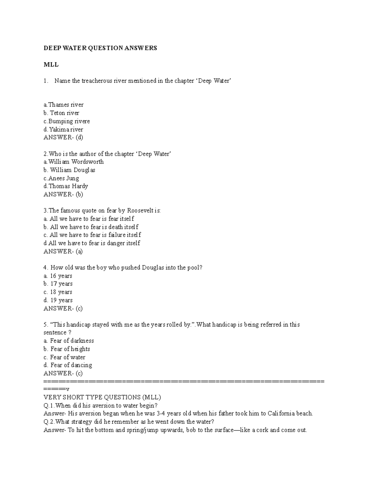 DEEP Water MLL,HOTS - DEEP WATER QUESTION ANSWERS MLL Name the ...