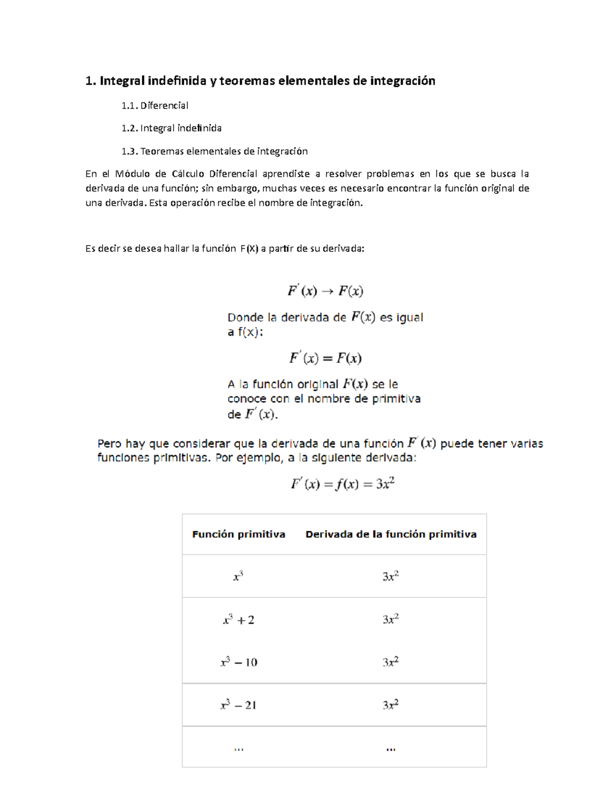 Tarea - wsdsfdsfsf - 1. Integral indefinida y teoremas elementales de integración Diferencial ...