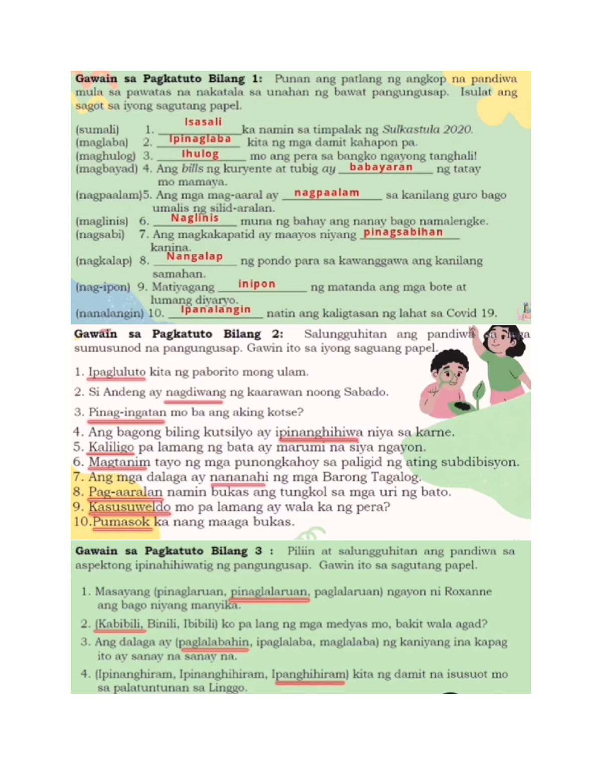 Aspekto ng pandiwa filipino 6 worksheet - Gawain sa Pagkatuto Bilang 1 ...
