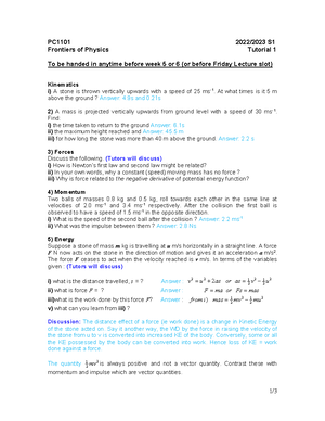 Tutorial 1 solution - tut 1 - 1 PC1201 Fundamentals of Physics Semester ...