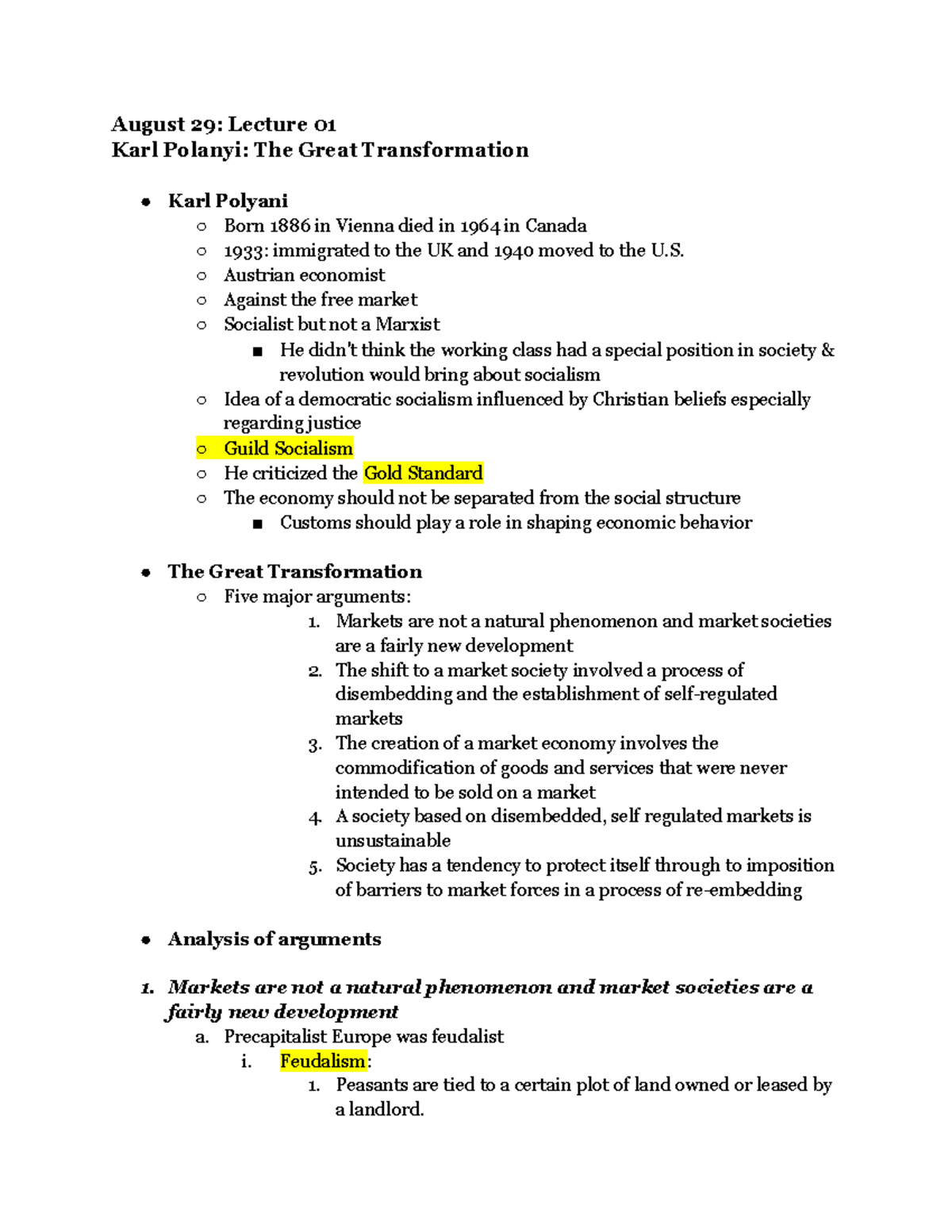 History 160 Notes - August 29: Lecture 01 Karl Polanyi: The Great ...