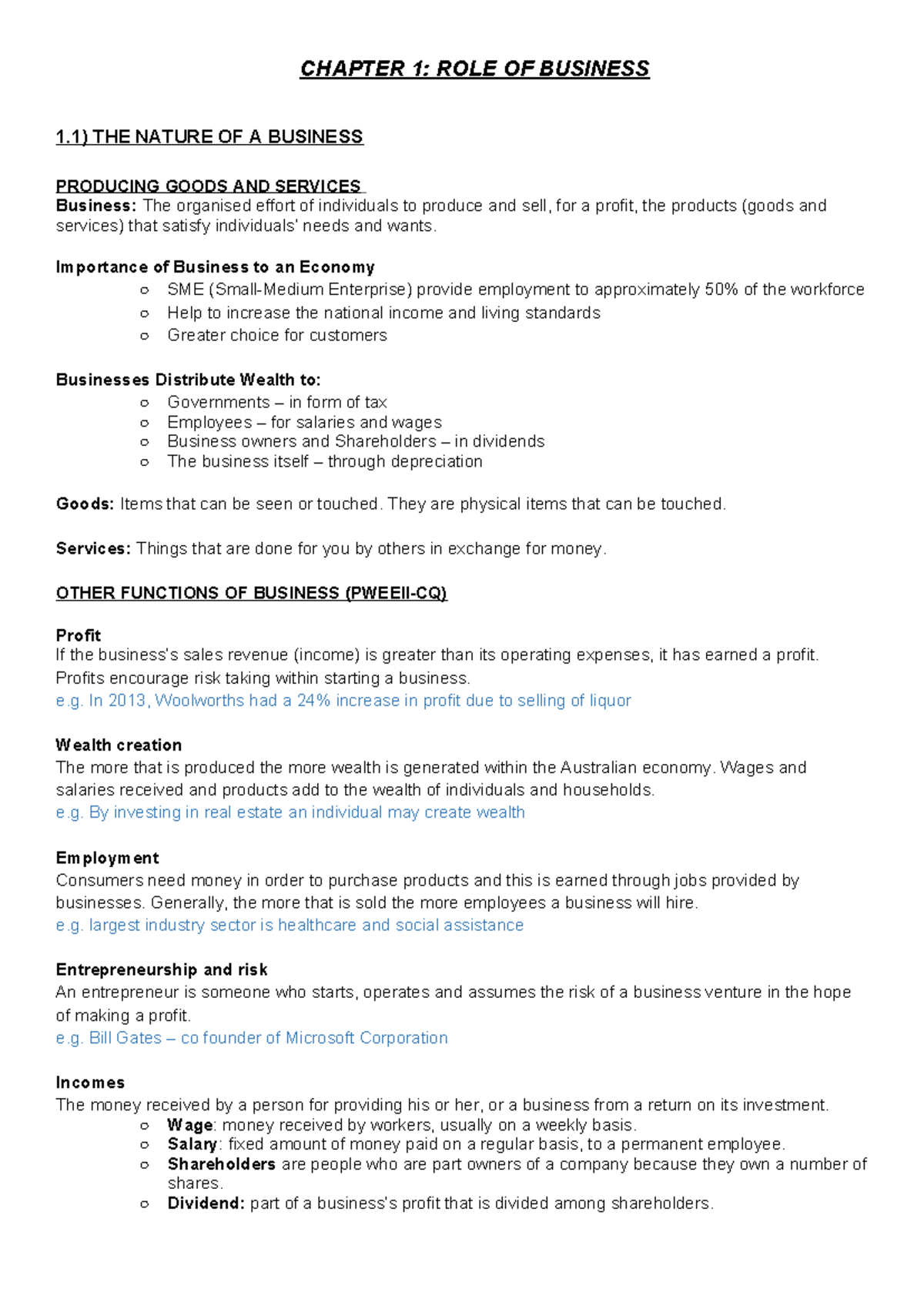 Revision notes nature of business - CHAPTER 1: ROLE OF BUSINESS 1) THE ...