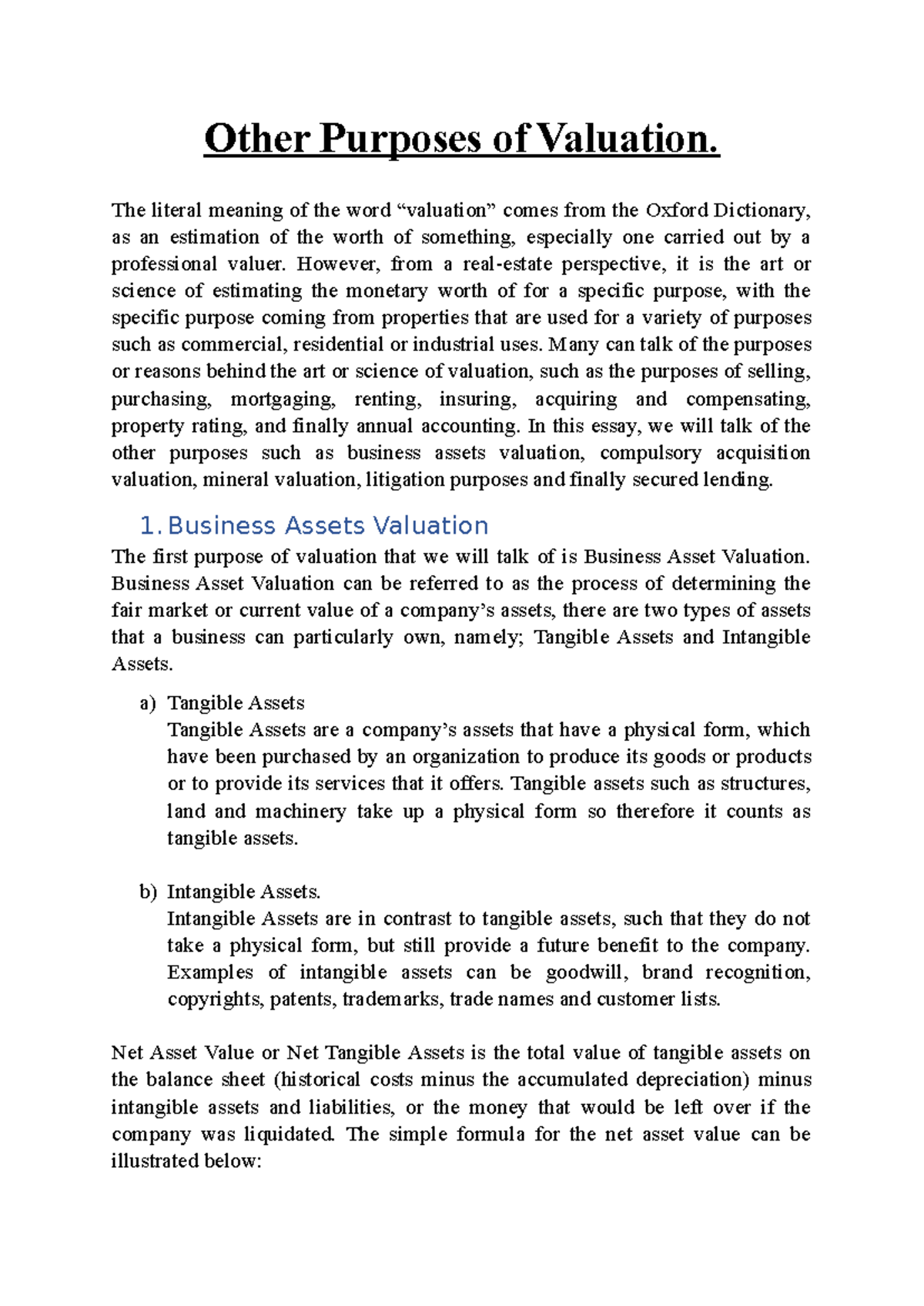 Other Purposes of Valuation - The literal meaning of the word ...