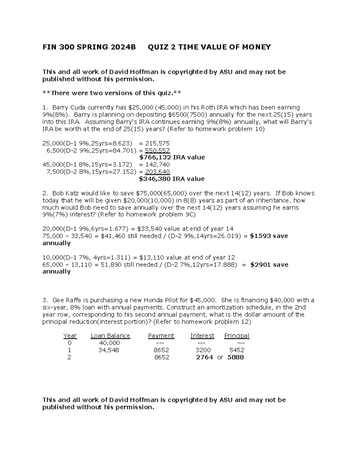 FIN 300 TVOM QUIZ 2 Spring 2024B Solutions - FIN 300 SPRING 2024B QUIZ ...