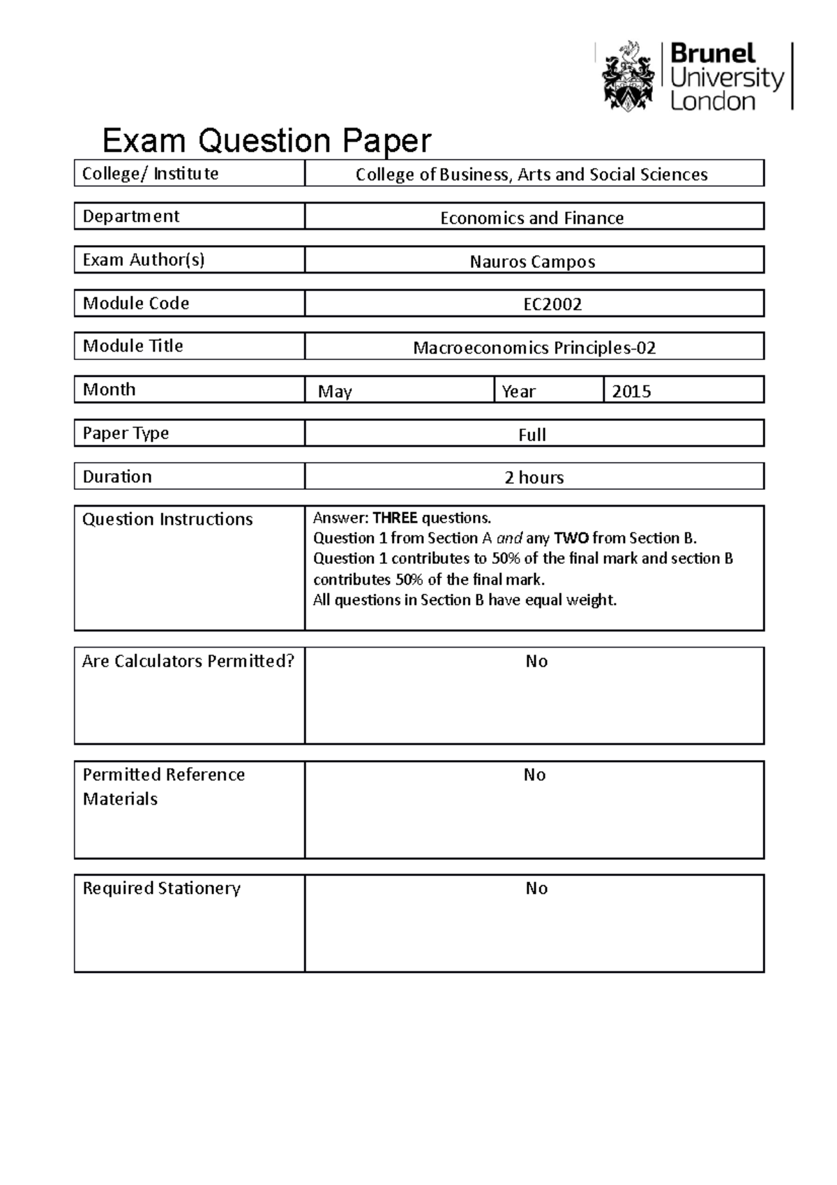 Final Exam May 2015, questions and answers - Exam Question Paper ...
