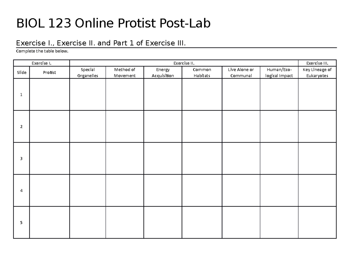 Protist post-lab revised - BIOL 123 Online Protist Post-Lab Exercise I ...