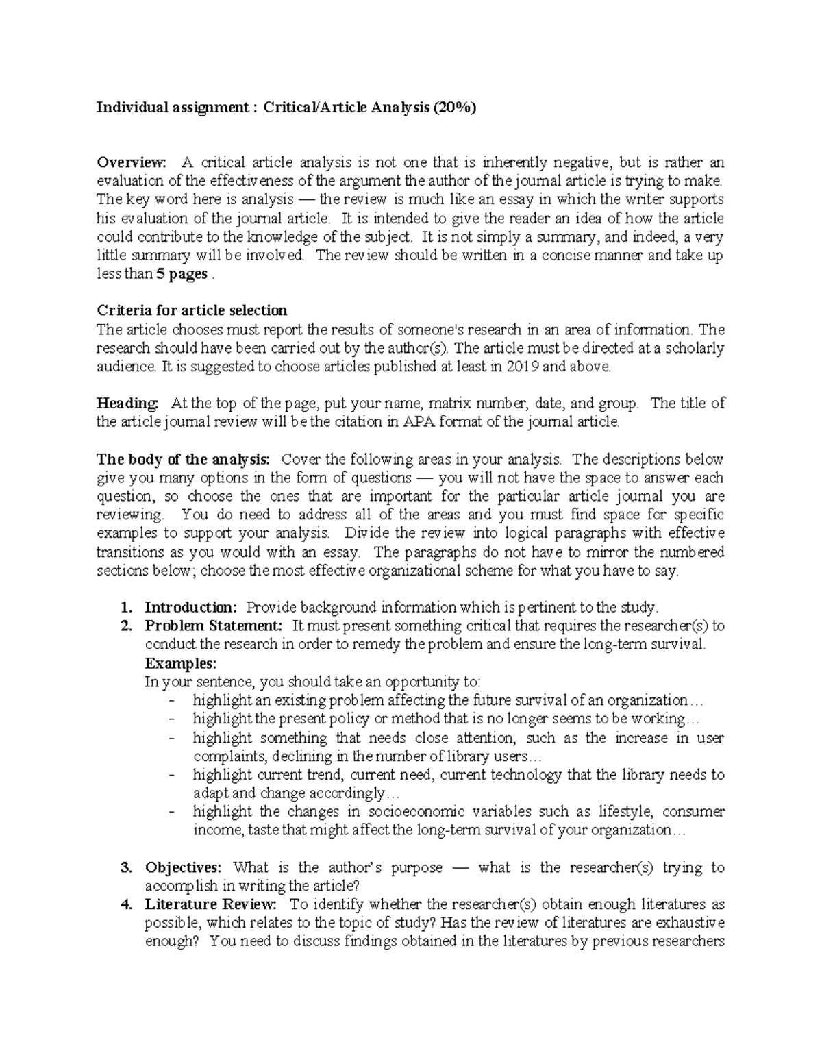 Critical analysis guide - Individual assignment : Critical/Article ...