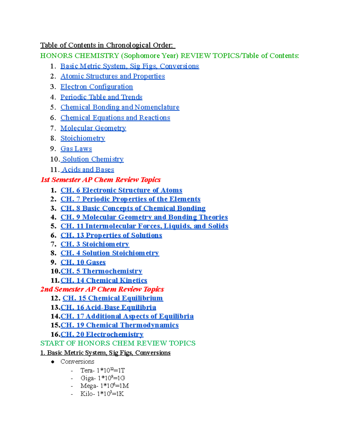 Highschool Chem Review Guide - Table of Contents in Chronological Order ...