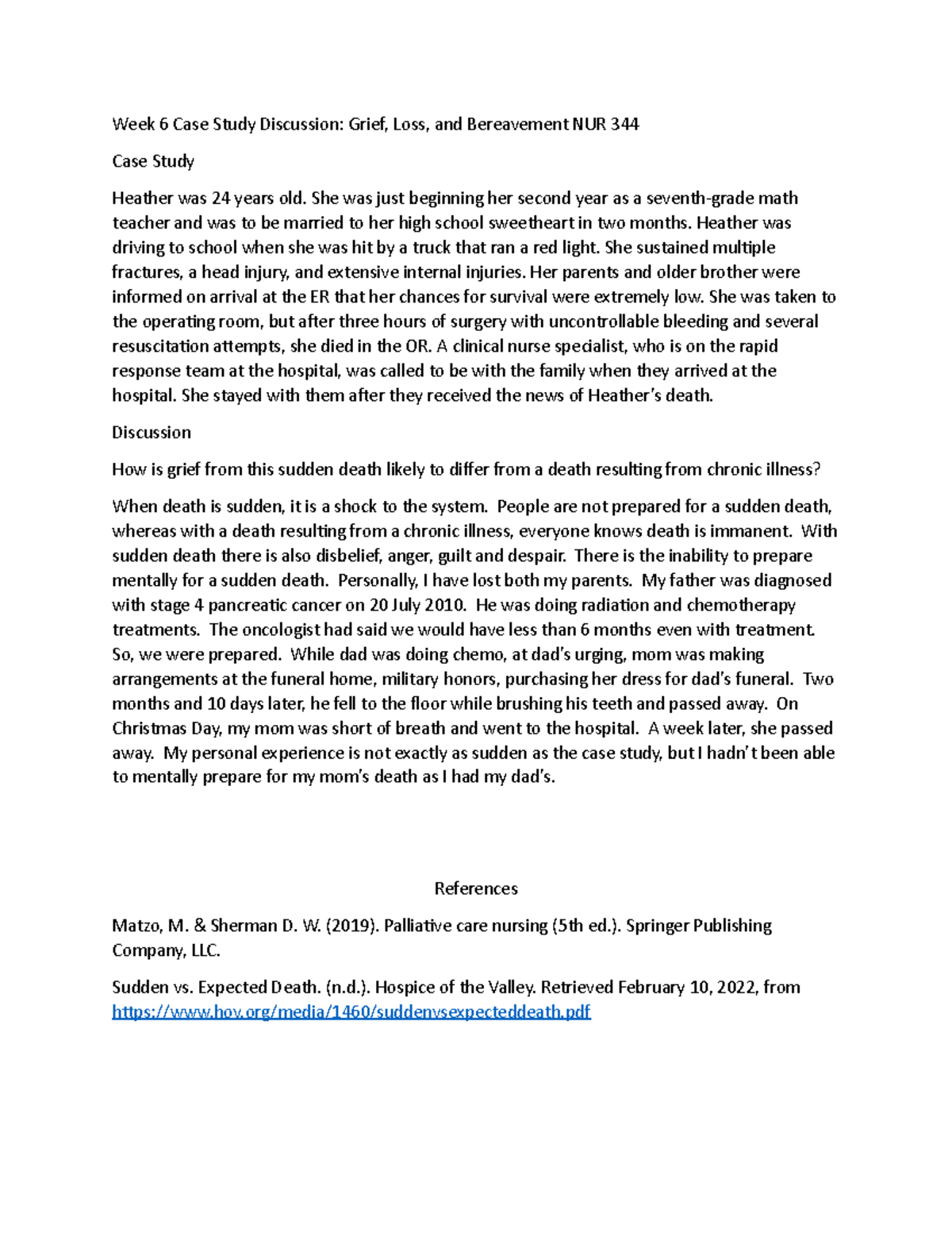Week 6 Case Study Discussion Grief, Loss, and Bereavement NUR 344 - She ...