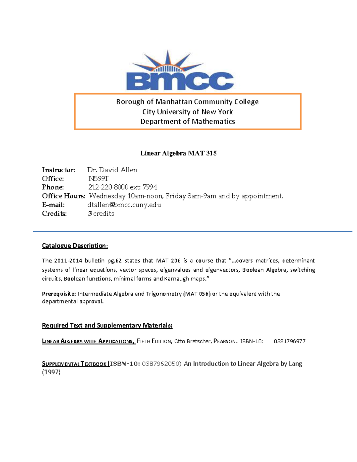BMCC MAT315Syllabus - this is a syllabus - Warning: TT: undefined function: 32 Warning: TT ...
