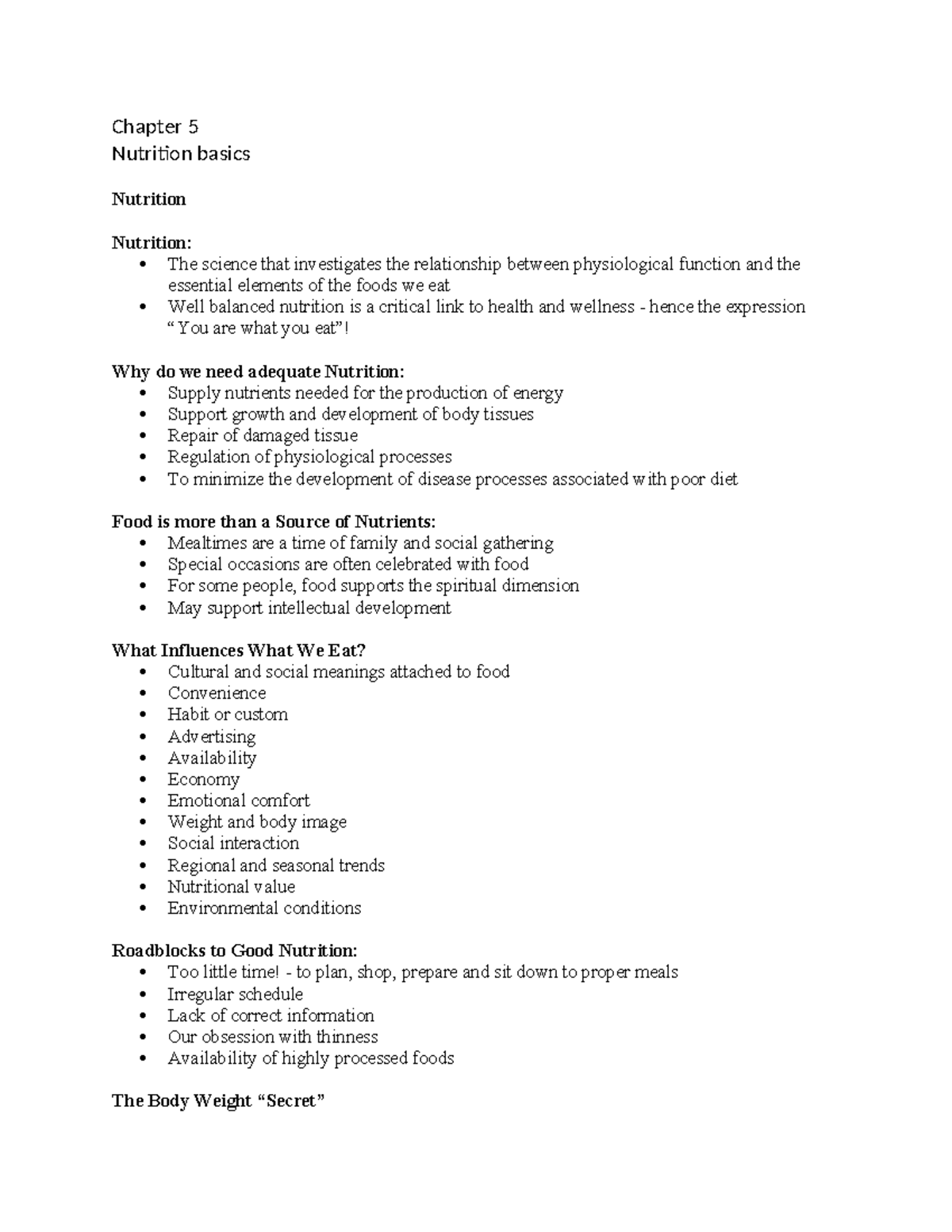 Chapter 5 - good notes - Chapter 5 Nutrition basics Nutrition Nutrition ...