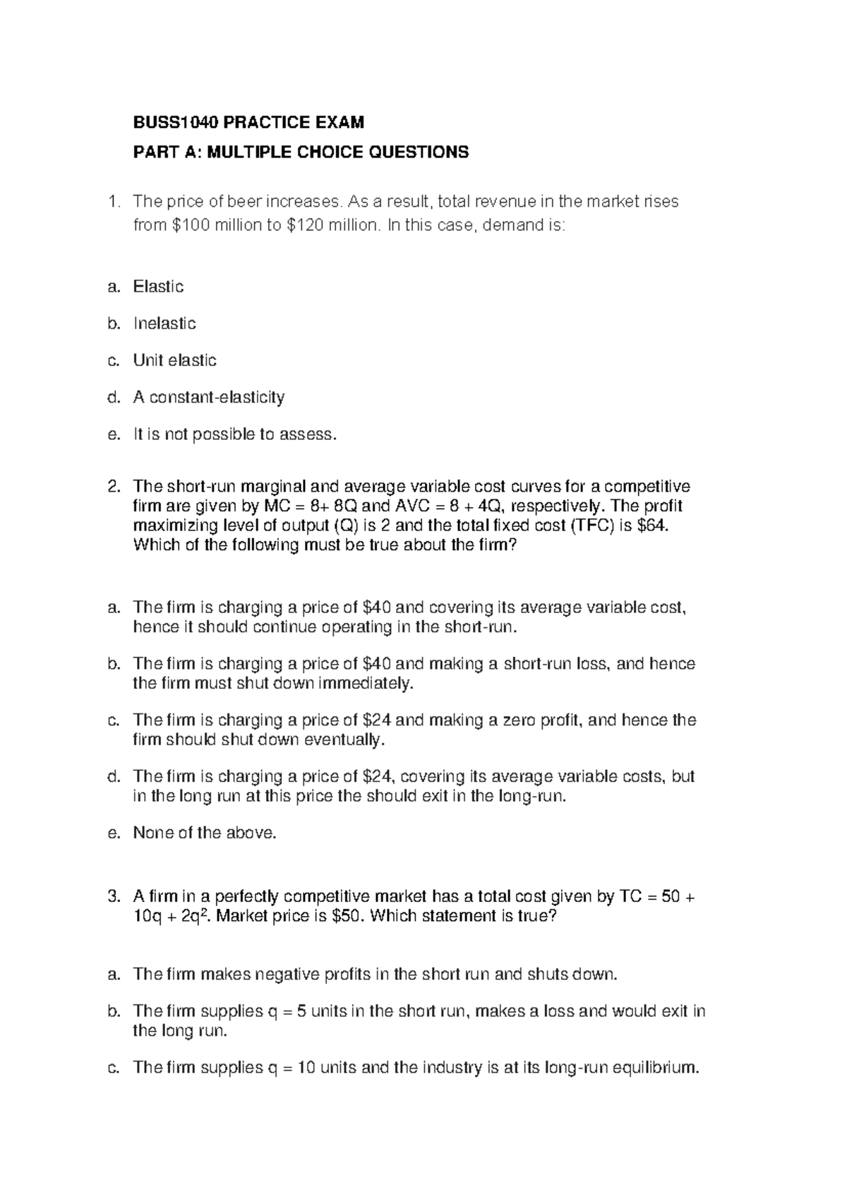 Buss1040 final practice 2024 - BUSS1040 PRACTICE EXAM PART A: MULTIPLE ...