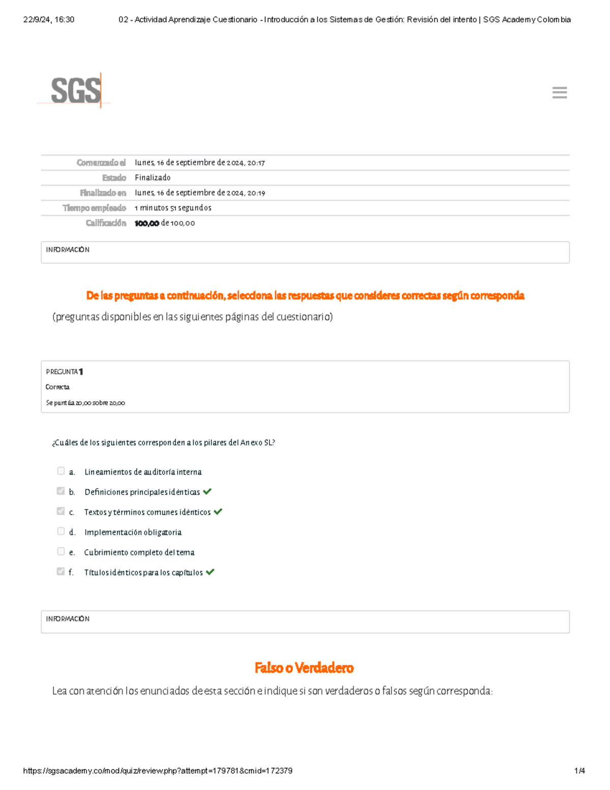 Examen 1 SGS - Comenzado el lunes, 16 de septiembre de 2024, 20: Estado Finalizado Finalizado en ...