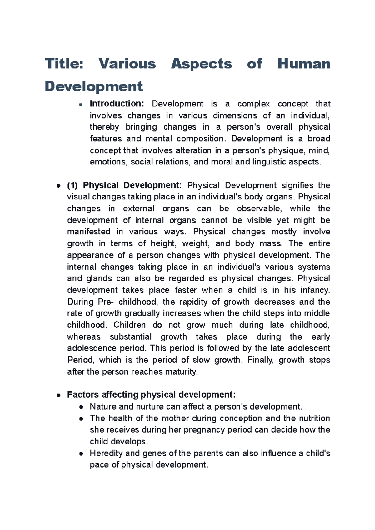 Psychology-human-development - Title: Various Aspects of Human ...
