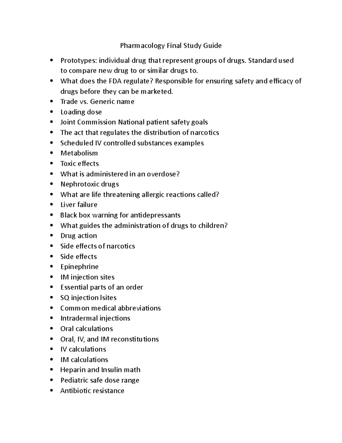 Pharmacology final study guide - Pharmacology Final Study Guide ...